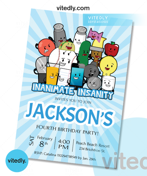 Inanimate Insanity Birthday Invitation with FREE Thank you card! – Vitedly