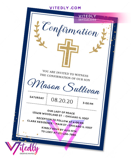 Gold Navy Blue Boy Confirmation Invitation – Vitedly