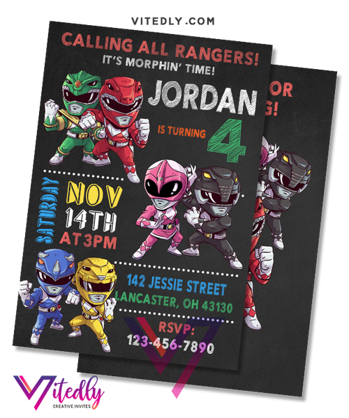 Power Rangers Invitation with FREE Thank you card – Vitedly