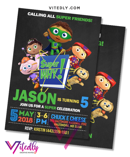 Super Why Birthday Invitation with FREE Thank you card – Vitedly