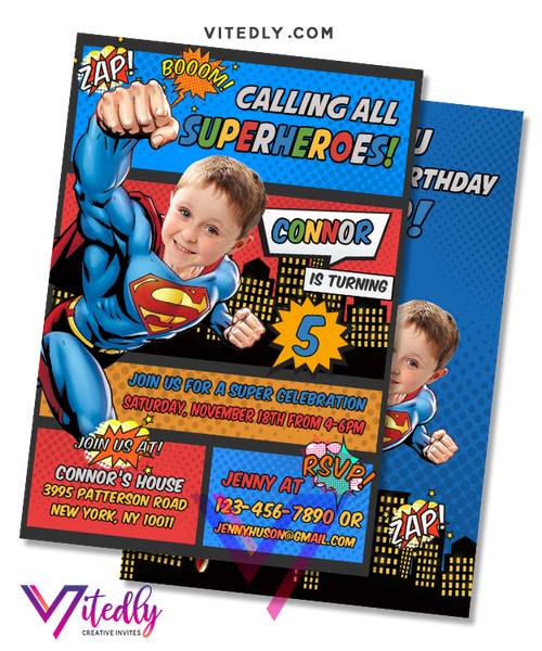 Superman Invitation with Custom Face and FREE Thank you card! – Vitedly